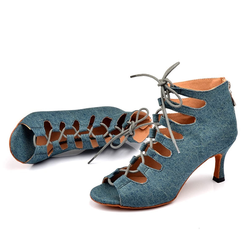Women's Blue Denim Customized Heel Dance Boots Salsa Jazz Dance Shoes ...