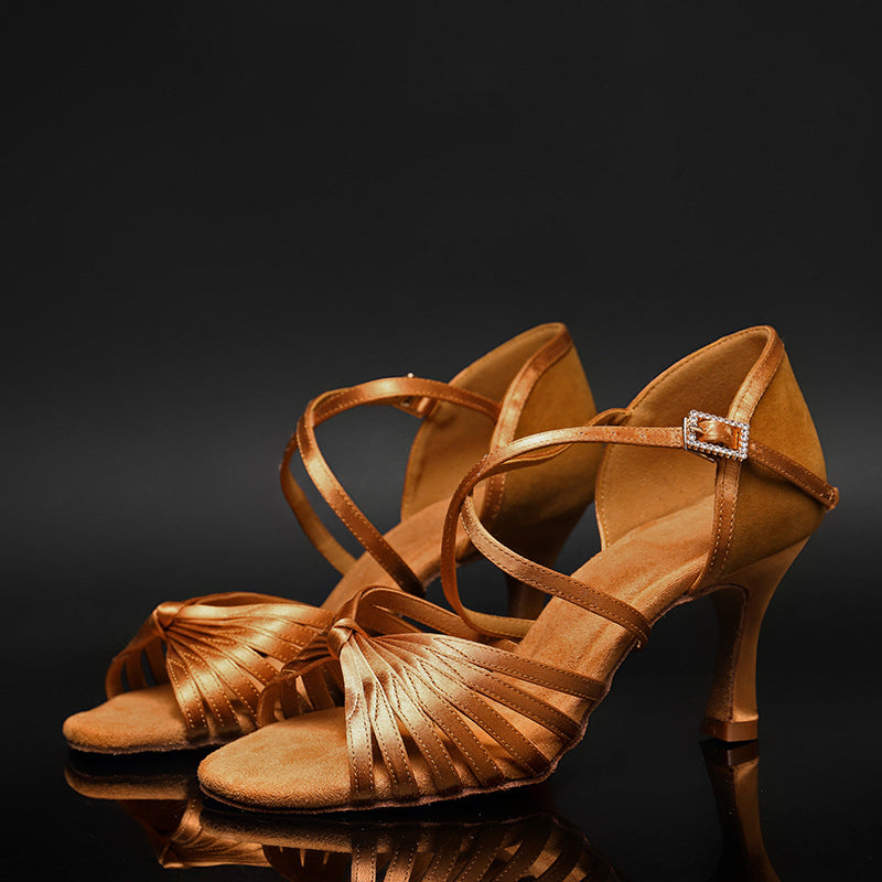 Women's Satin Suede 7cm Heel Ankle Strap Latin Dance Shoes Ballroom Da ...
