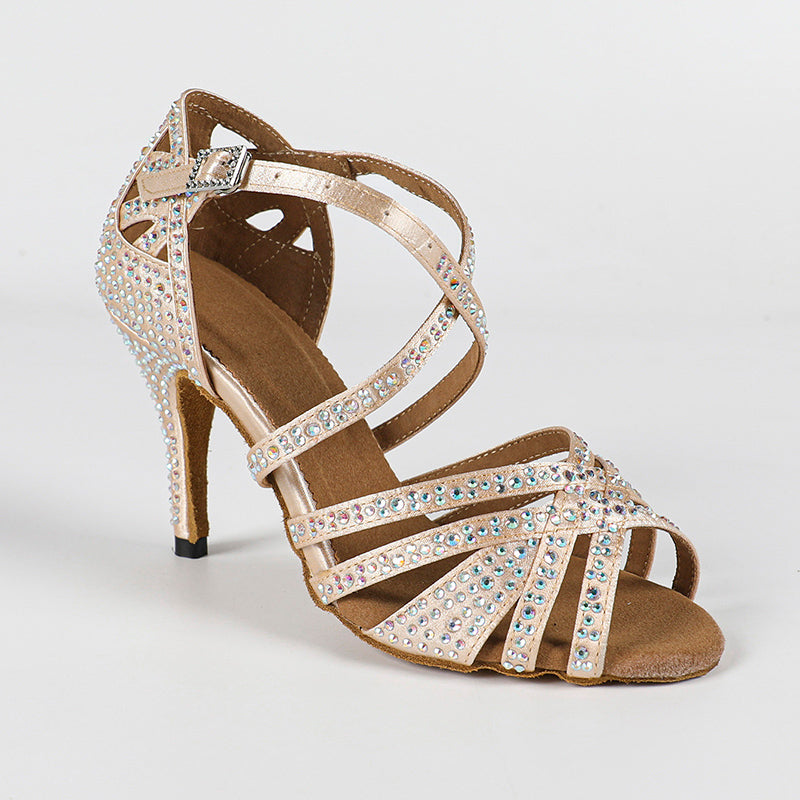 Women's Satin Rhinestone Customized Heel Latin Dance Shoes Ballroom Da ...