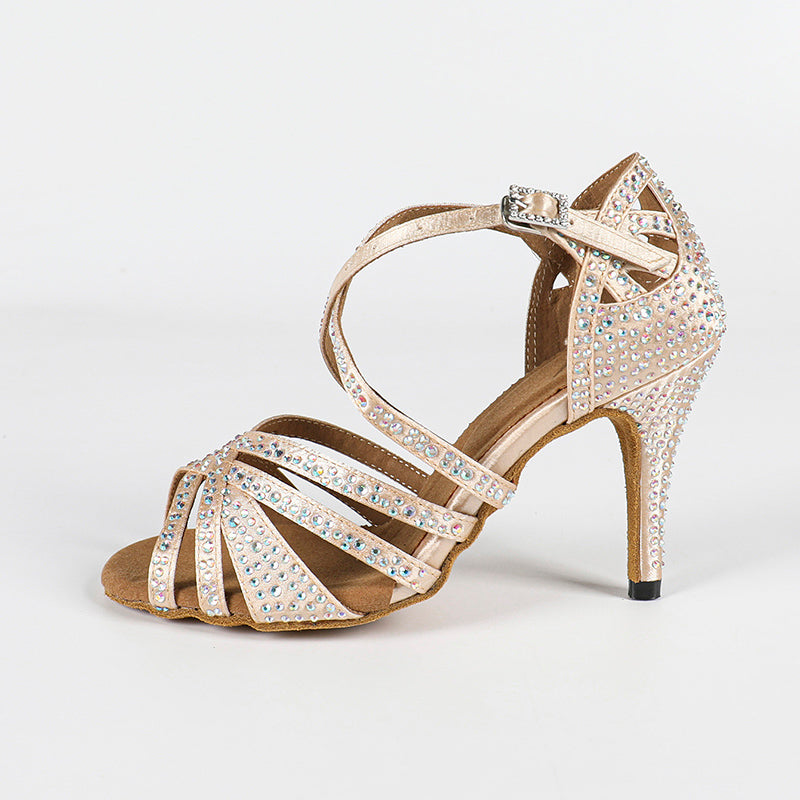 Women's Satin Rhinestone Customized Heel Latin Dance Shoes Ballroom Da ...