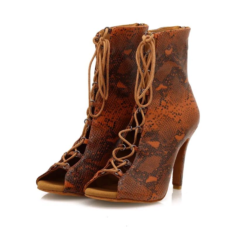 Women's Brown 9.5cm Heel Peep Toe Jazz Shoes Dance Boots – Dancing GaGa